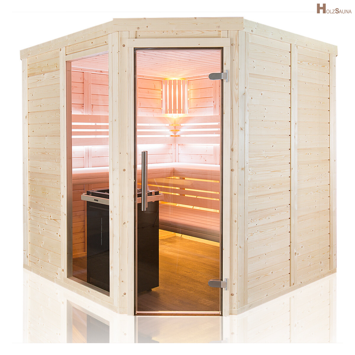 Holzsauna Fichte Massiv mit Eckeinstieg und Fenster – Premium Sauna m, CHF 7'140,00